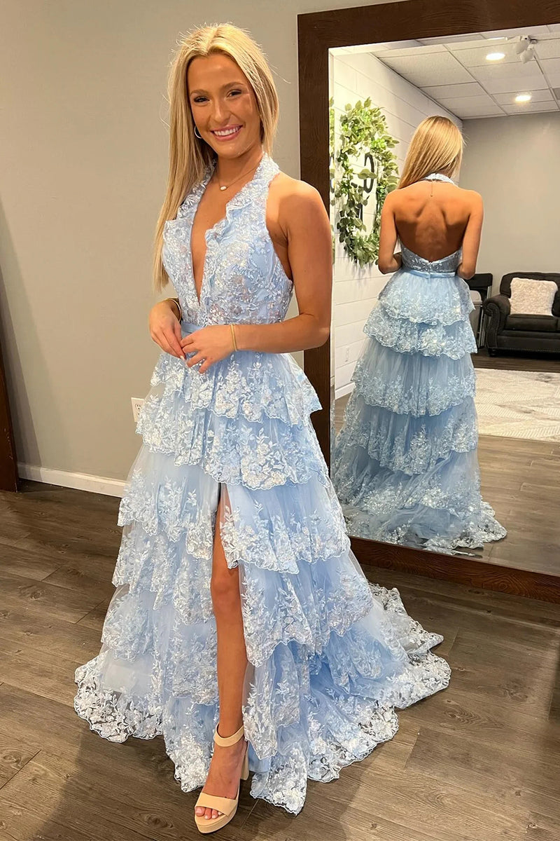 Luuvis Sparkly Light Blue A-Line Halter Backless Long Tiered Prom Dress With Slit