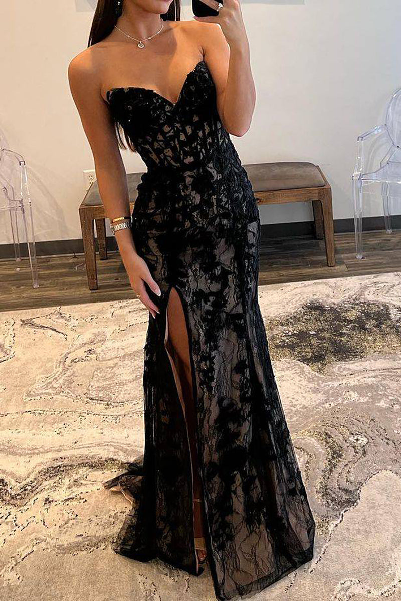 Luuvis Women Black Corset Prom Dress Mermaid Sweetheart Formal Dress with Appliques