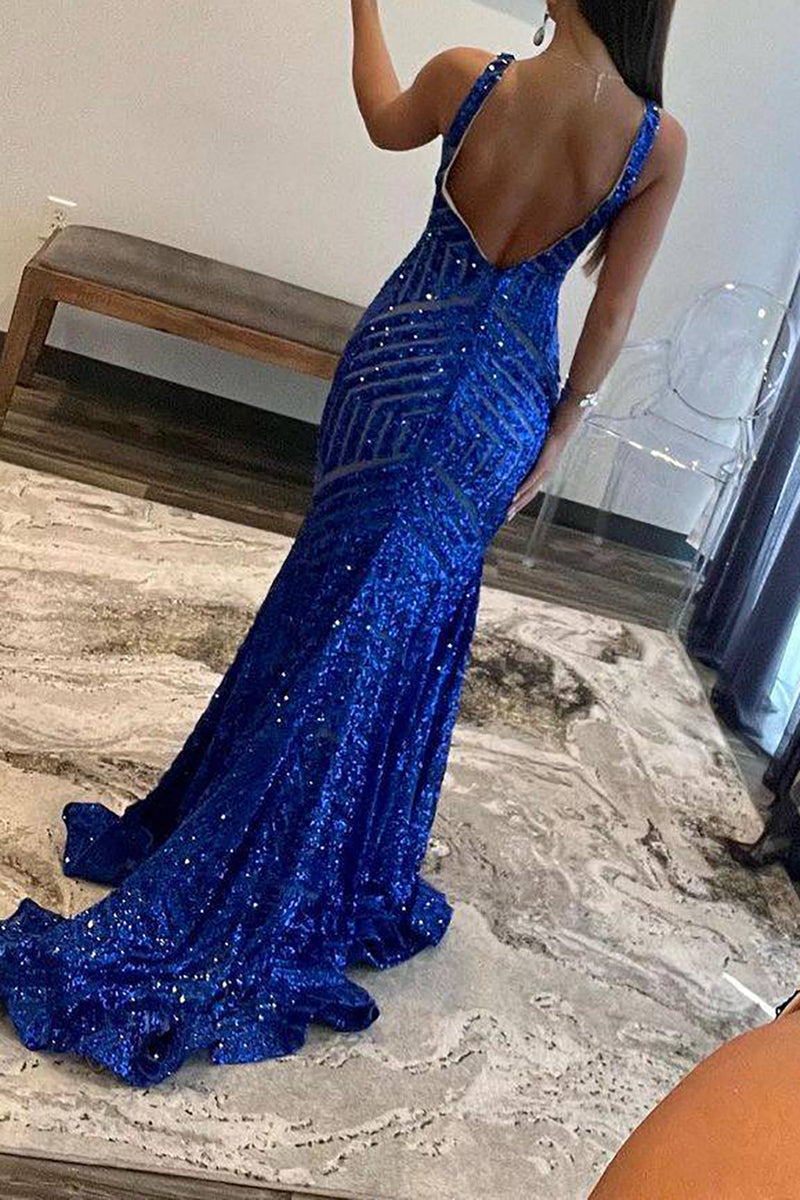 Luuvis Women Royal Blue Sequins Long Prom Dress Hot Selling Mermaid Deep V Neck Formal Dress