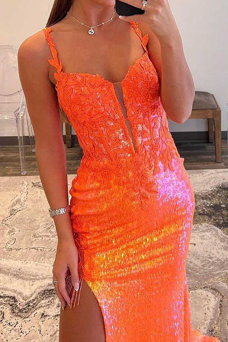 Luuvis Women Orange Sequins Long Prom Dress Gorgeous Mermaid Spaghetti Straps Formal Dress with ...