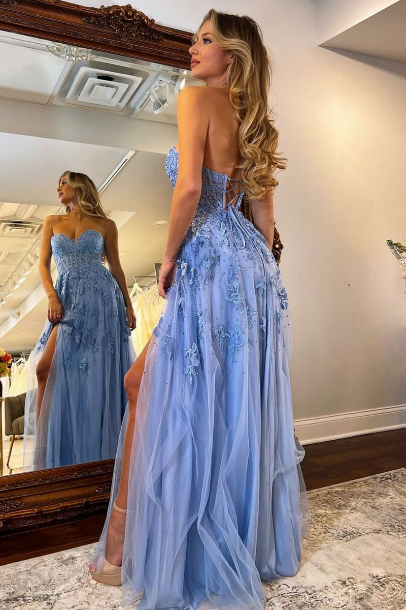 Luuvis Stunning A Line Blue Spaghetti Straps Long Tulle Prom Dress With