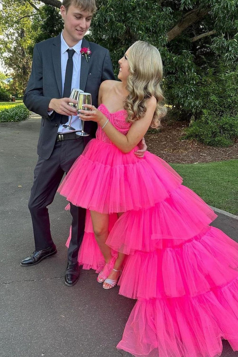 Luuvis Women Hot Pin High Low Sweetheart Sweep Train Ruffle Tulle Prom Dress