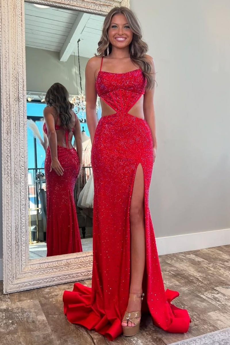 Luuvis Women Sexy Black Mermaid Spaghetti Straps Long Beaded Prom Dress with Slit