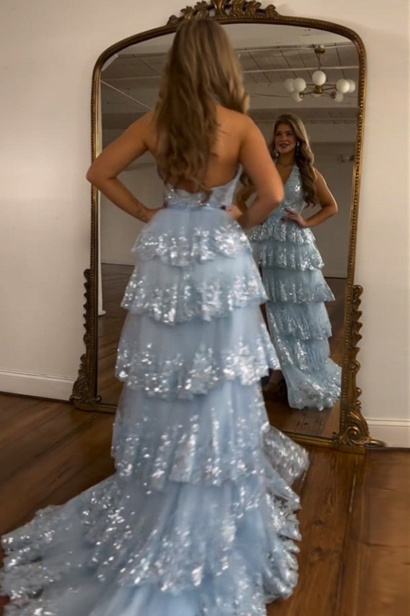 Luuvis Sparkly Light Blue A-Line Halter Backless Long Tiered Prom Dress With Slit
