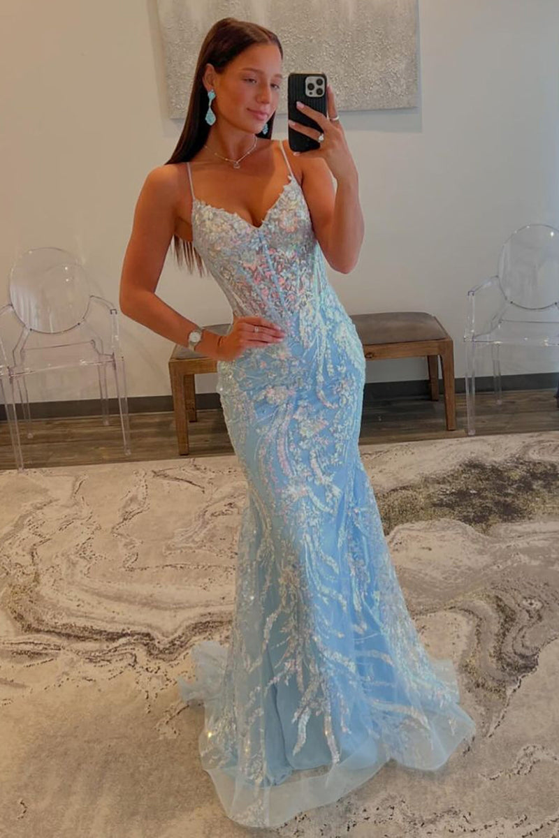Luuvis Women Sequin Light Blue Mermaid Spaghetti Straps Sweep Train Prom Dress
