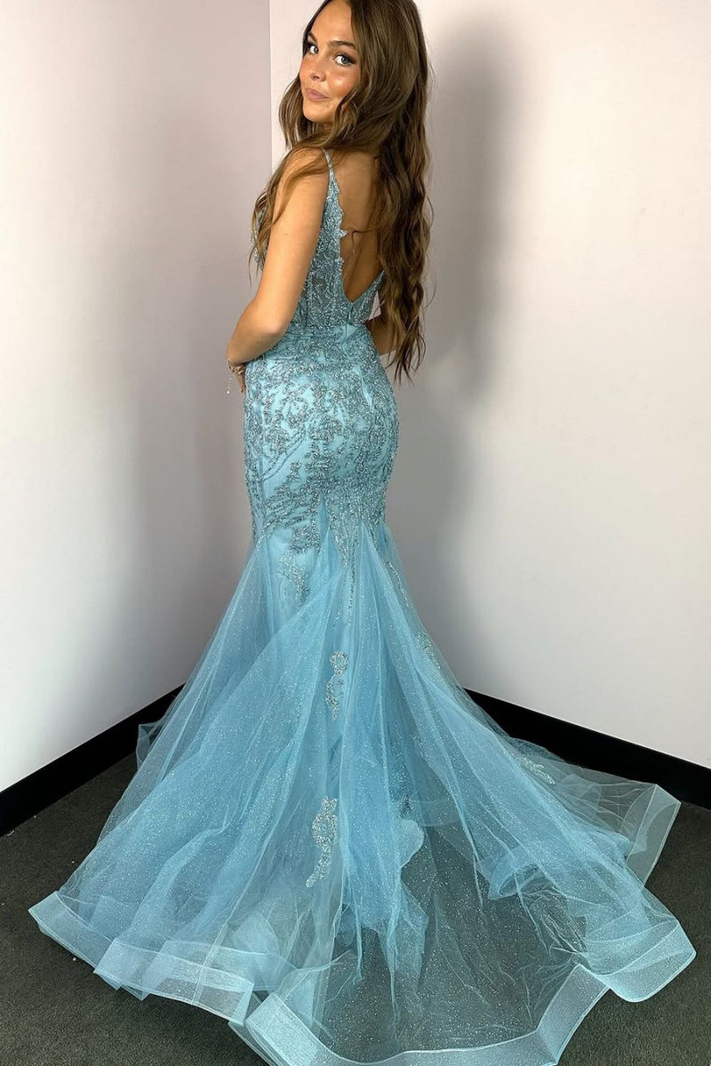 Luuvis Women Stunning Light Blue Mermaid Spaghetti Straps Long Prom Dress with Appliques