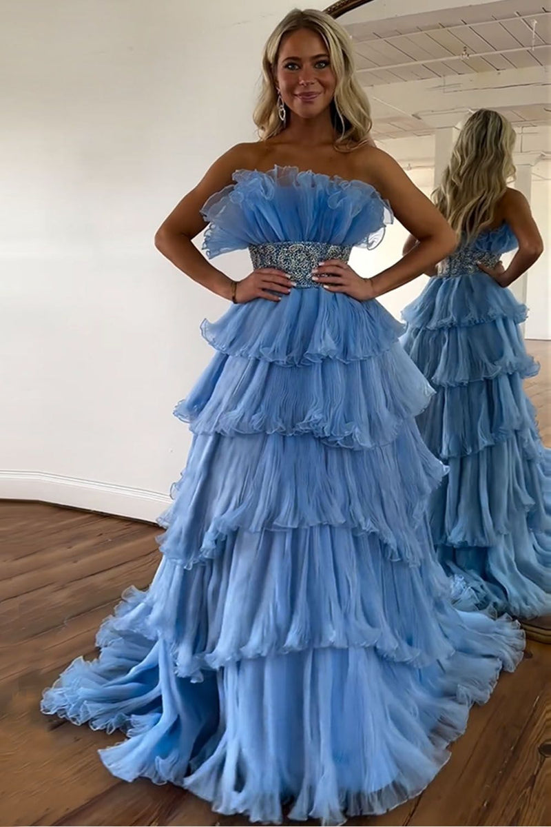 Luuvis Newly Blue A Line Strapless Long Tiered Prom Dress With Beaded Belt