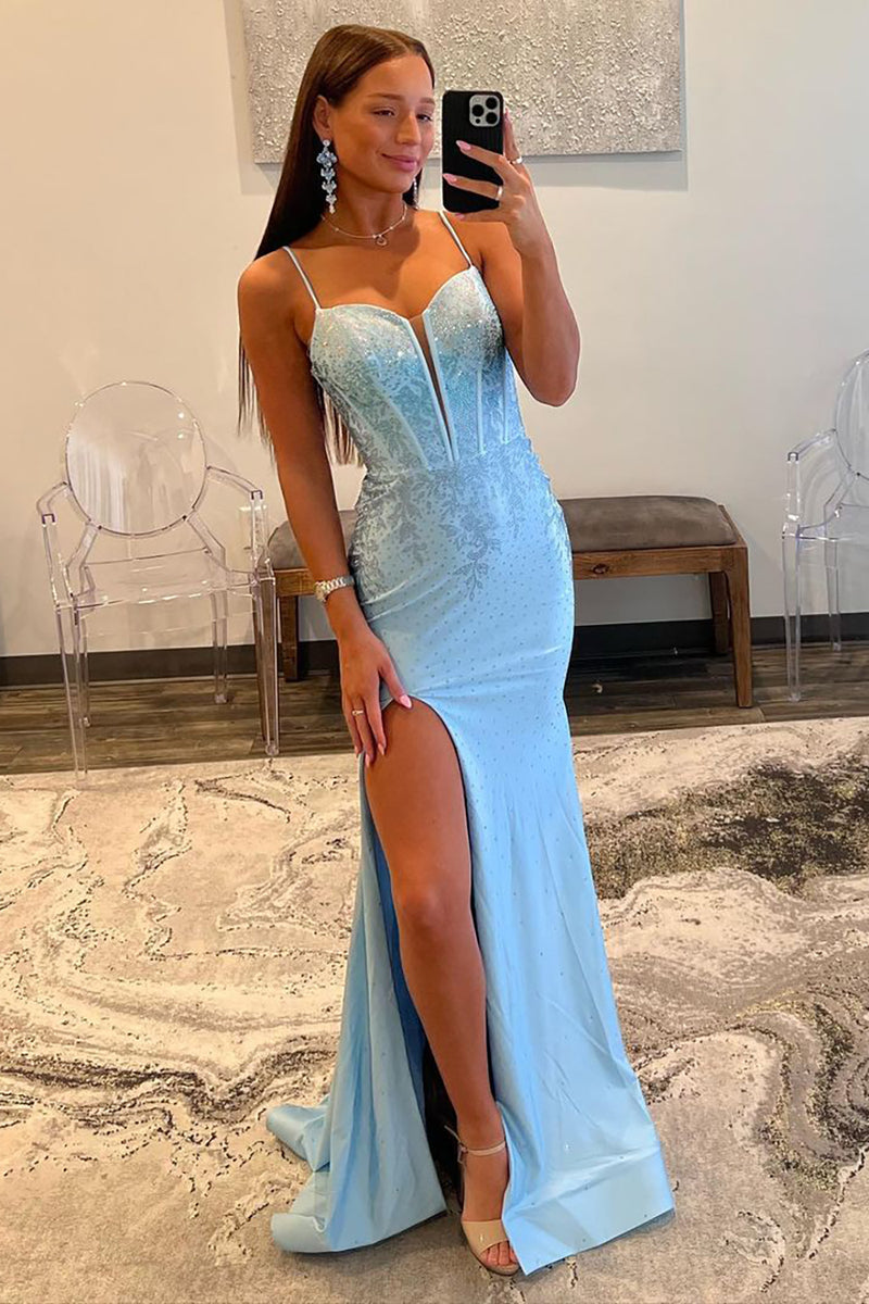 Luuvis Women Glitter Light Blue Spaghetti Straps Mermaid Lace Up Long Prom Dress with Slit