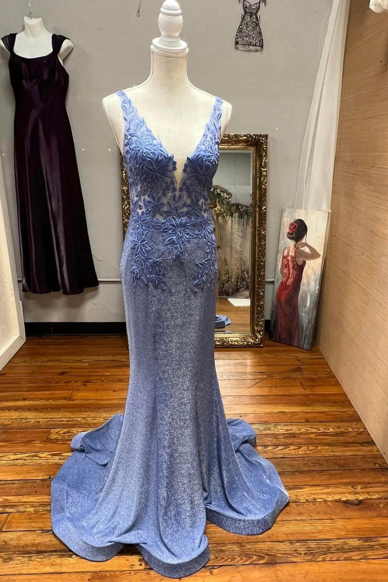 Luuvis Gorgeous Mermaid Deep V Neck Blue Long Prom Dress with Appliques