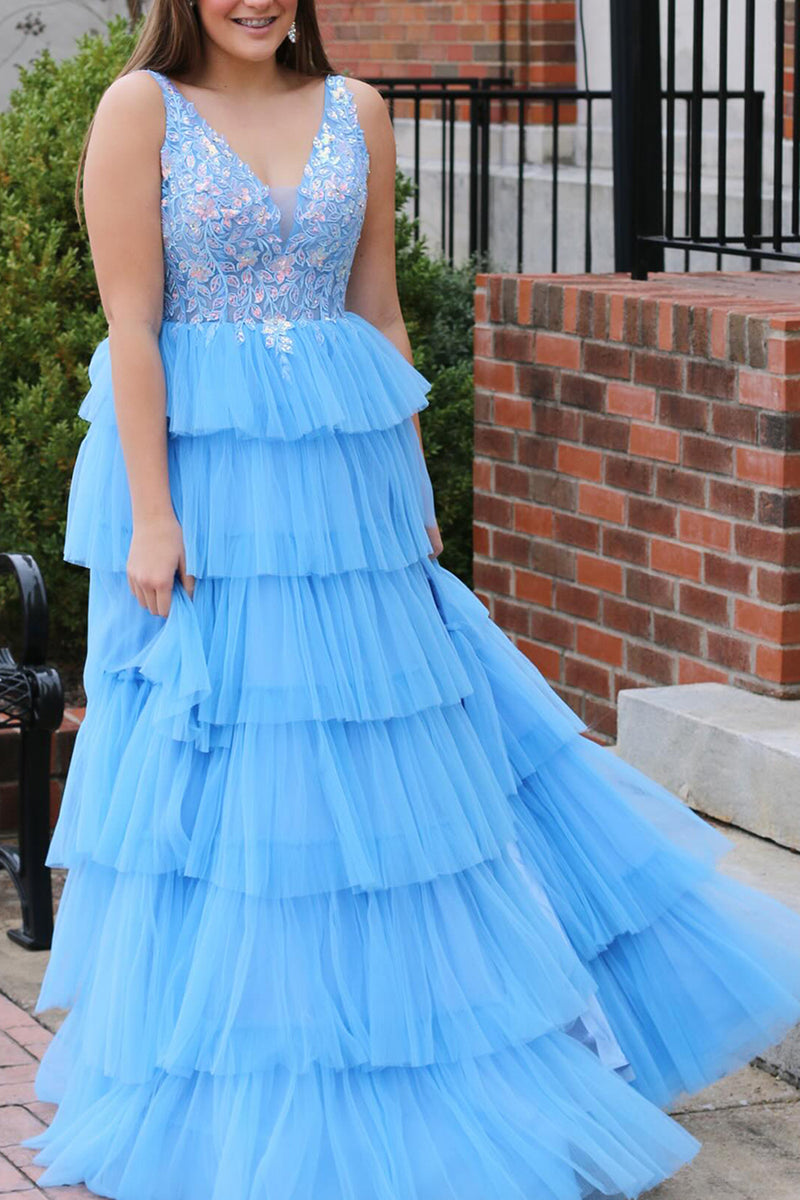 Luuvis Blue A Line V-Neck Long Tiered Prom Dress with Slit And Appliques