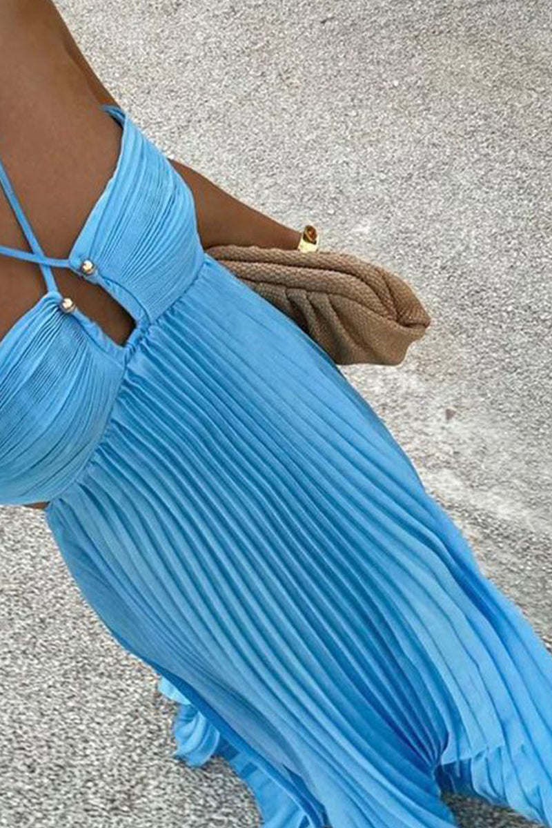 Luuvis Women Blue Long Party Dress Chic A Line Halter Neck Evening Dress with Backless