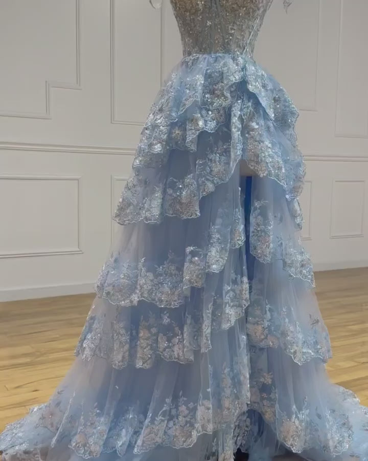 Luuvis Gorgeous A-Line Light Blue Off The Shoulder Sparkly Tiered Long Prom Dress With Split