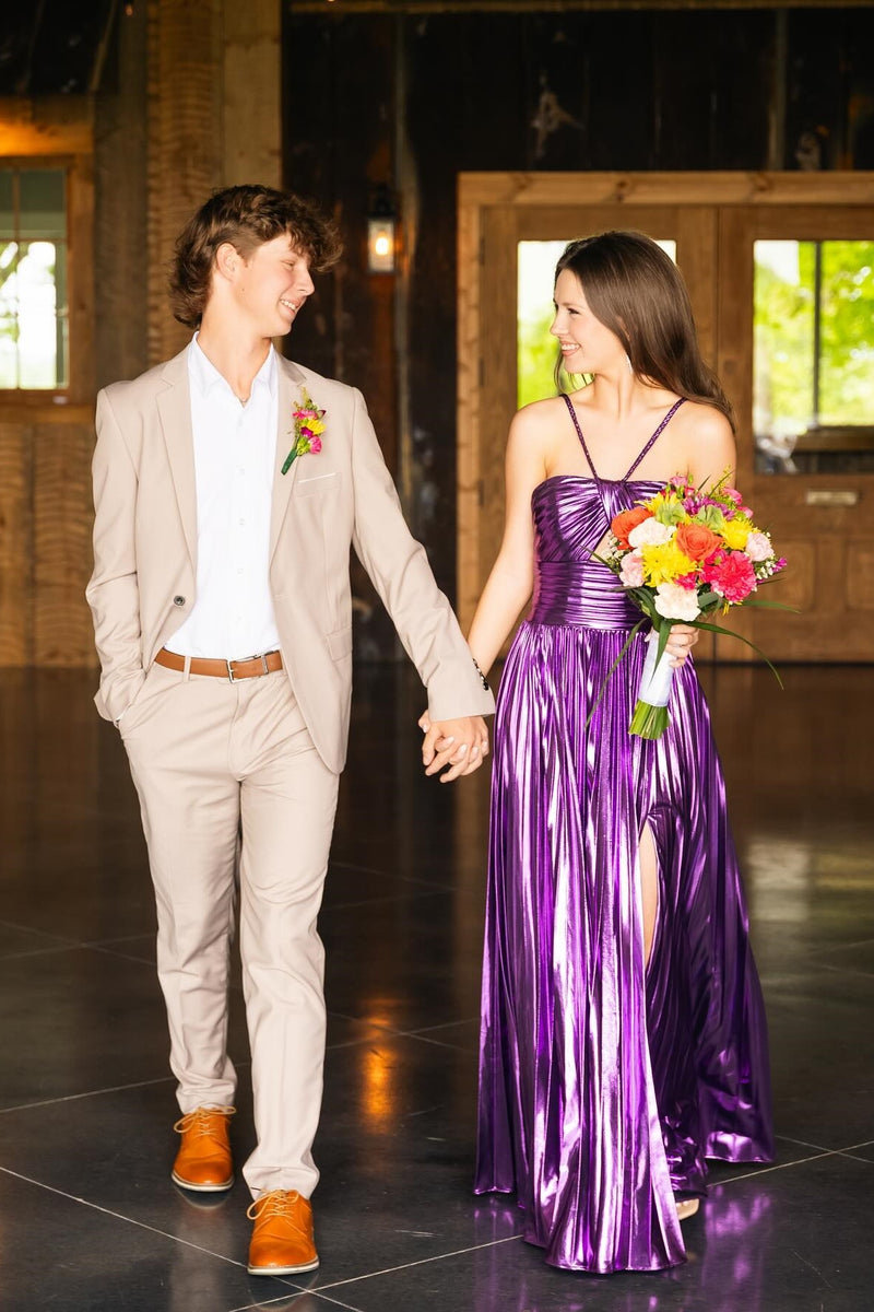 Luuvis Sparkly Gold A-Line Halter Neck Long Prom Party Dress With Split