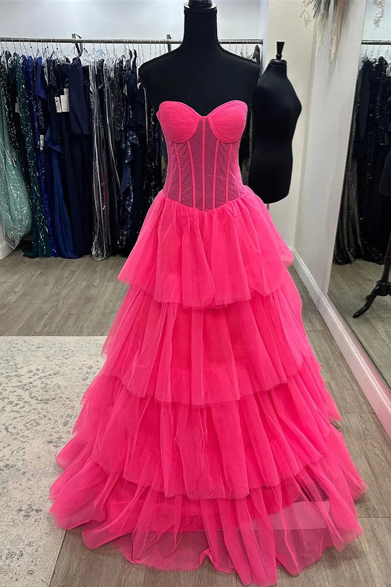 Luuvis Charming A Line Sweetheart Hot Pink Corset Prom Dress with Ruffles