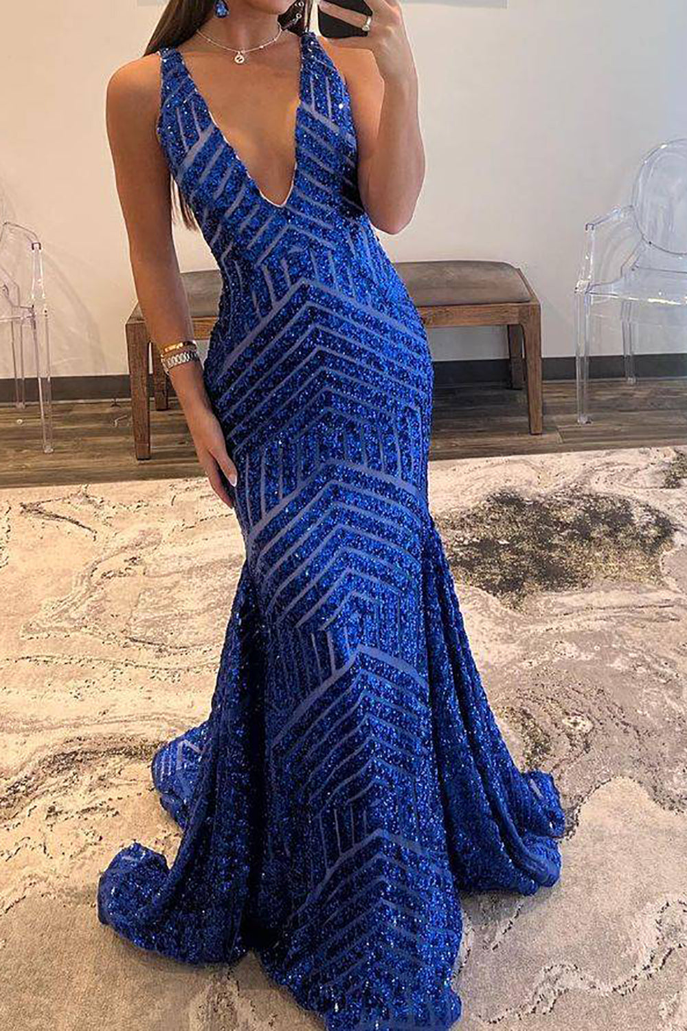 Luuvis Women Royal Blue Sequins Long Prom Dress Hot Selling Mermaid Deep V Neck Formal Dress