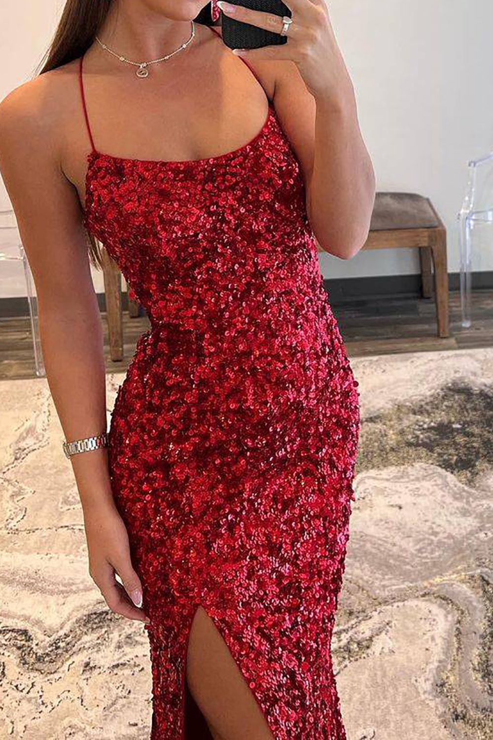 Luuvis Women Navy Sequins Long Prom Dress Sparkly Mermaid Spaghetti Straps Formal Dress with ...