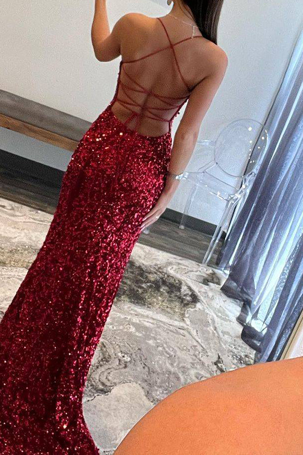 Luuvis Women Navy Sequins Long Prom Dress Sparkly Mermaid Spaghetti Straps Formal Dress with ...