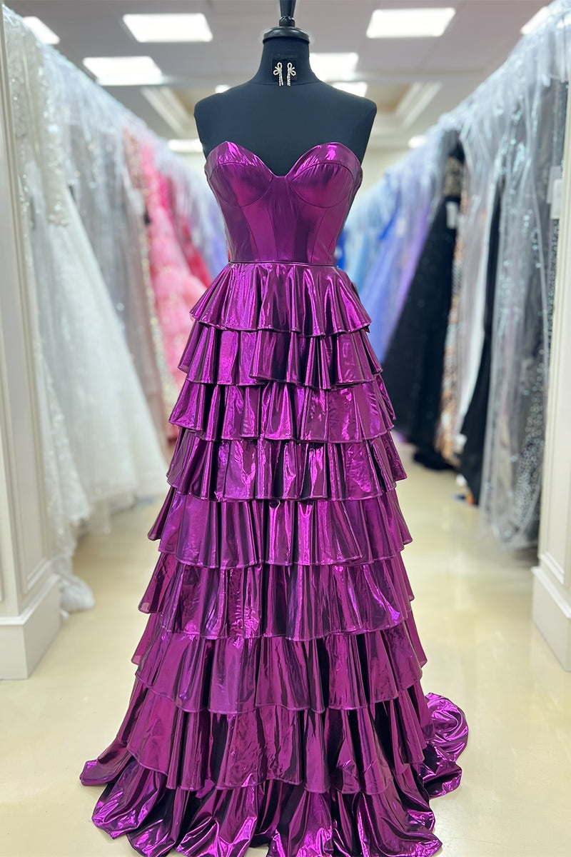Luuvis Women A-Line Sweetheart Sweep Train Tiered Metallic Prom Dress