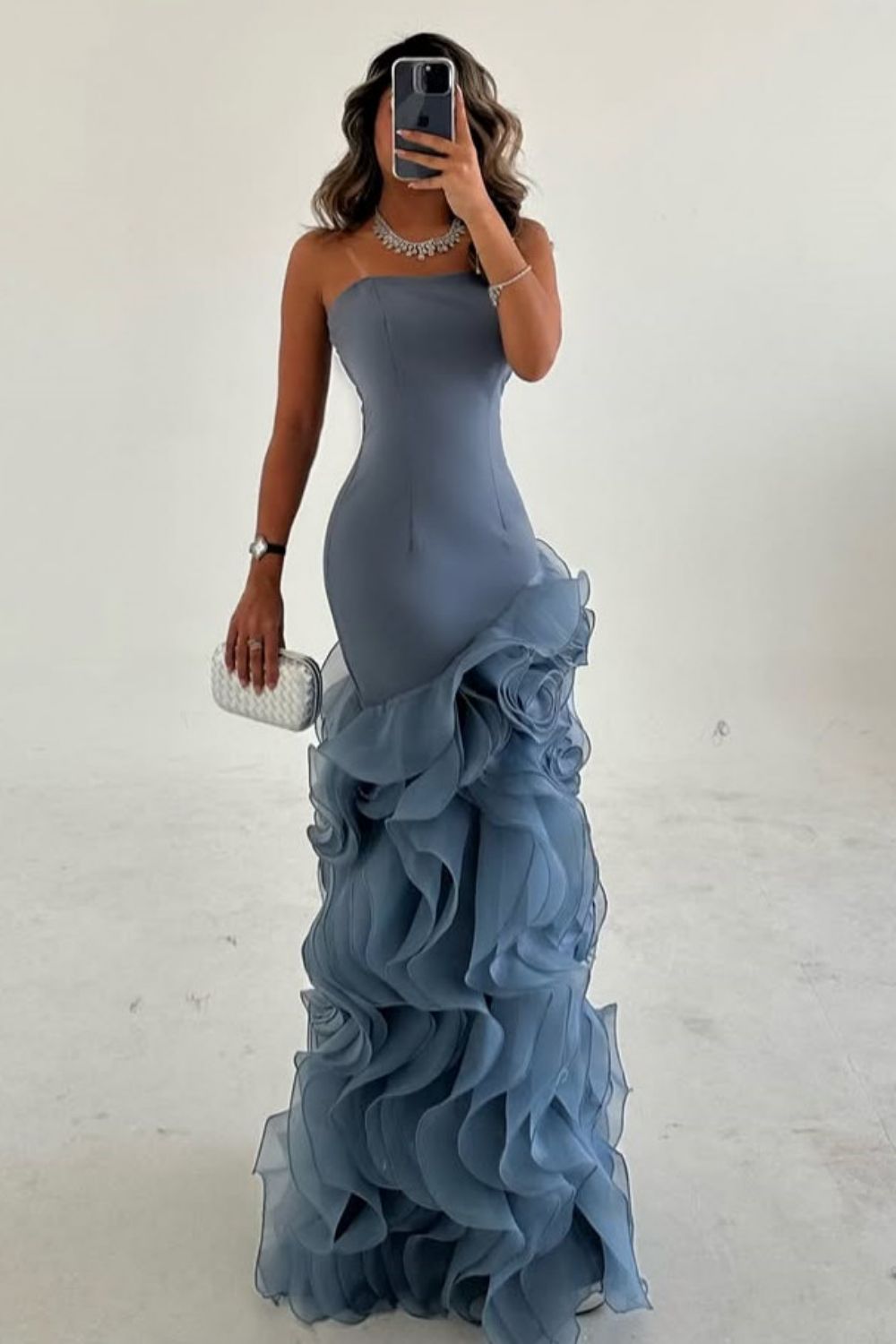 Luuvis Women Dusty Blue Mermaid Strapless Lace Up Long Tulle Prom Dress Luuvis Women Dusty Blue Mermaid Strapless Lace Up Long Tulle Prom Dress