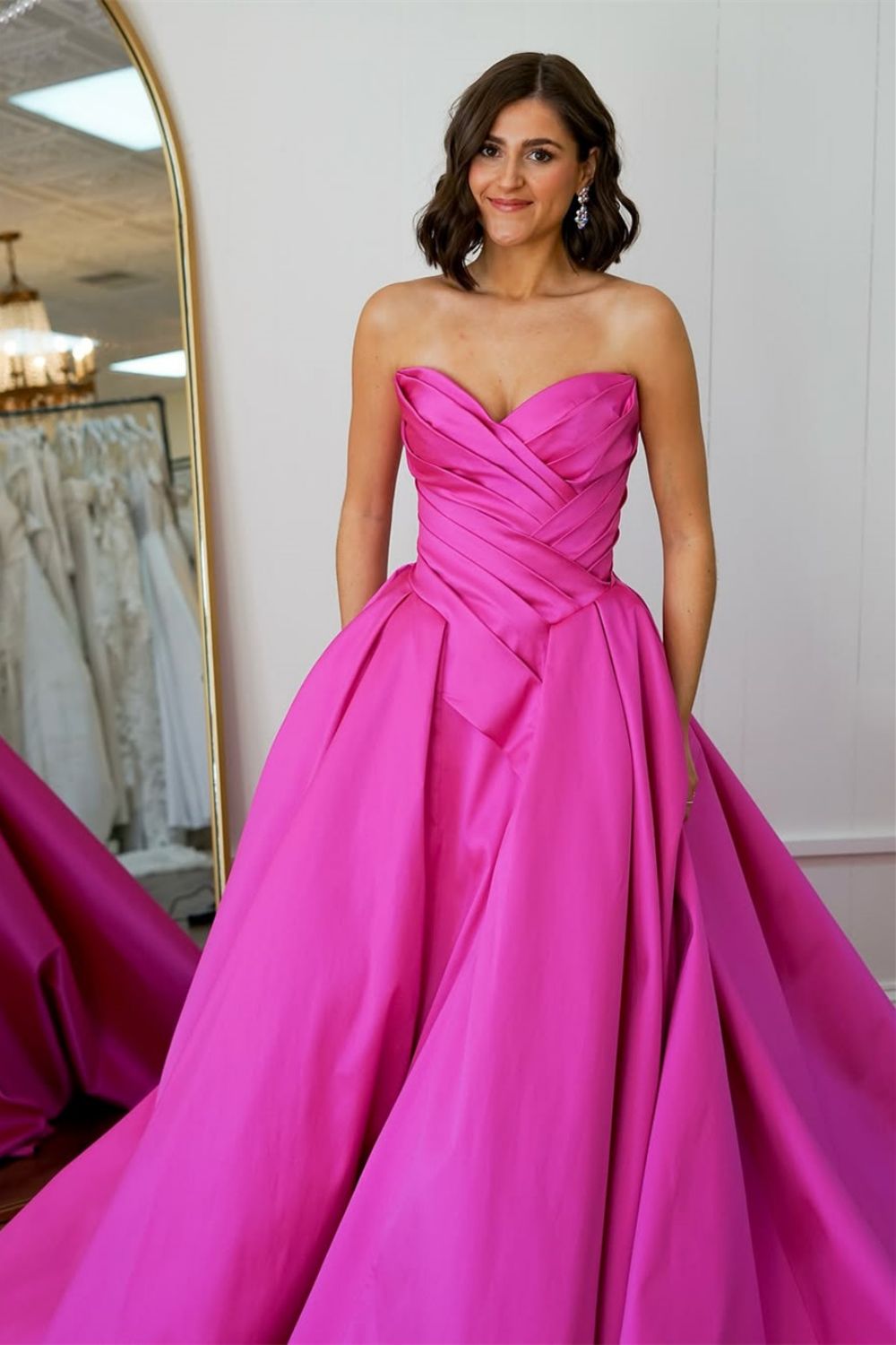 Luuvis Women Elegant Pink A-Line Strapless Long Court Train Satin Prom ...