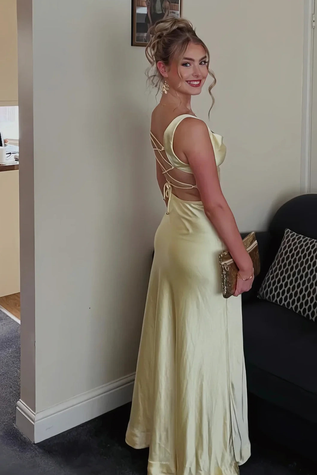 Luuvis Women Yellow Long Prom Dress Elegant Sheath Square Neck Evening ...