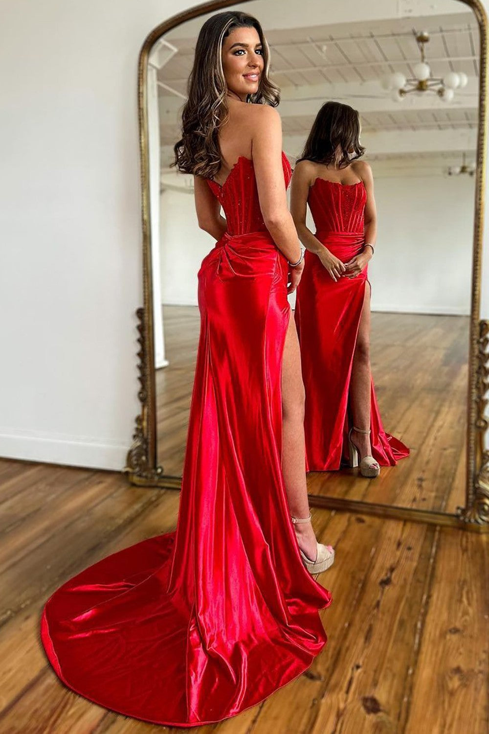 Luuvis Women Mermaid Strapless Sweep Train Satin Prom Party Dress with ...