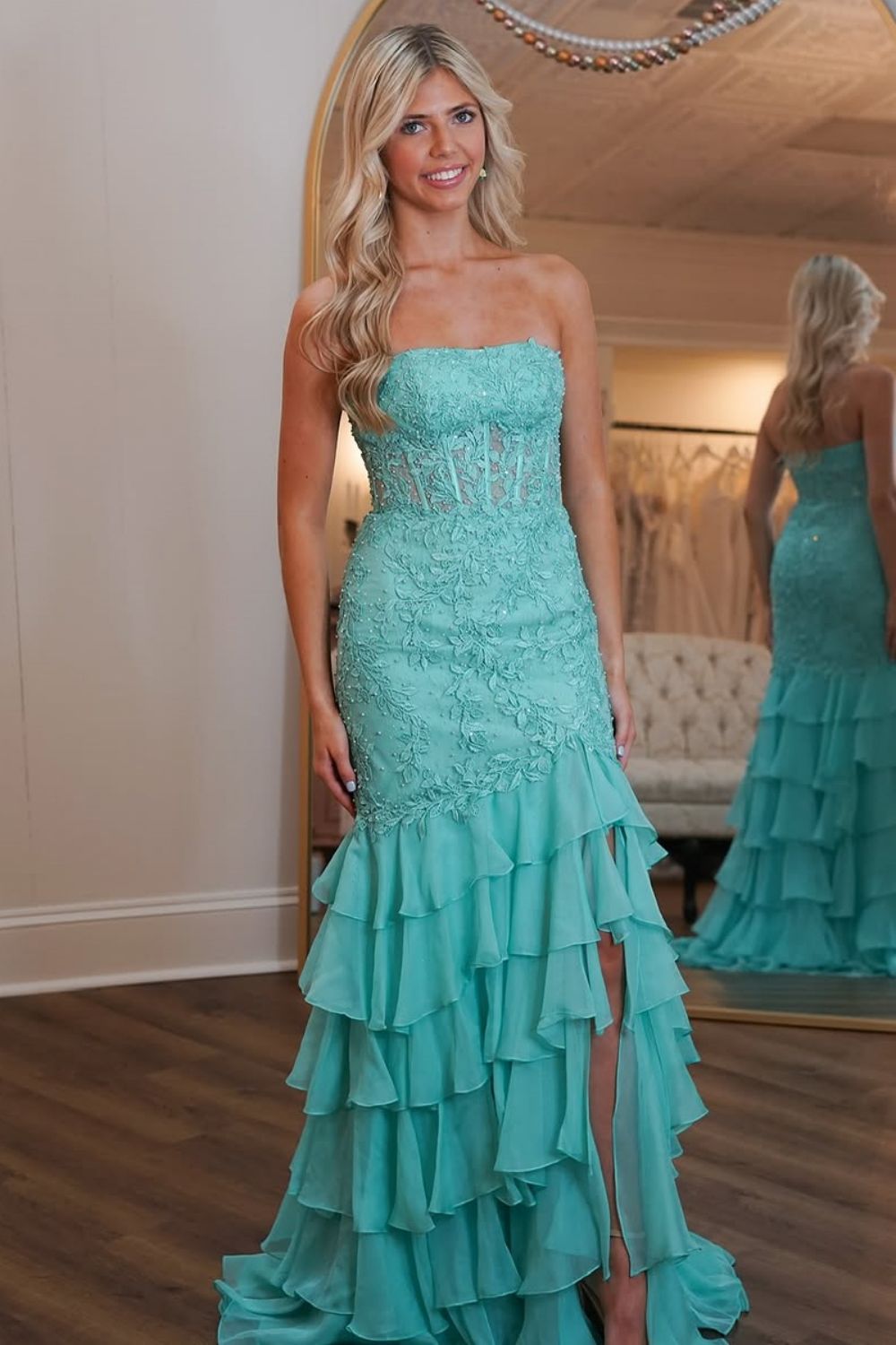 Luuvis Women Mint Green Mermaid Strapless Lace Top Long Tiered Prom Dress