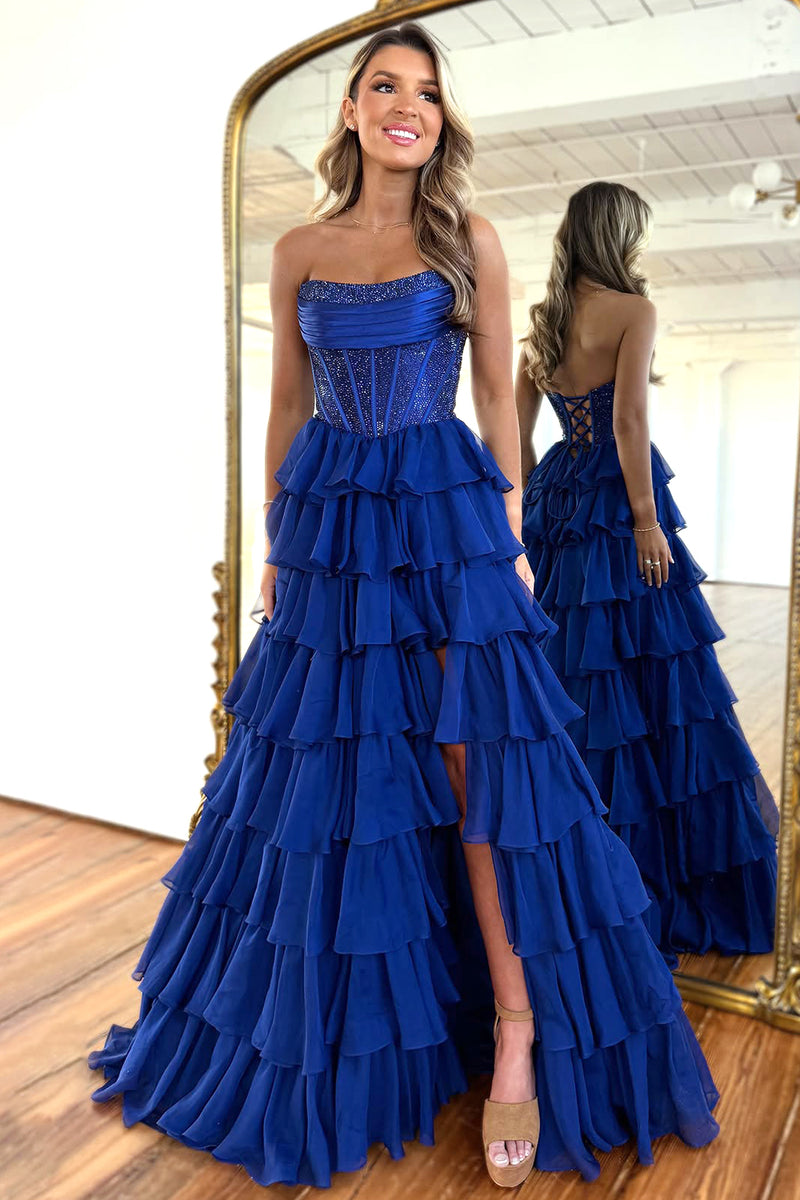Luuvis Women Dark Blue Strapless A-Line Sparkly Long Layered Chiffon ...