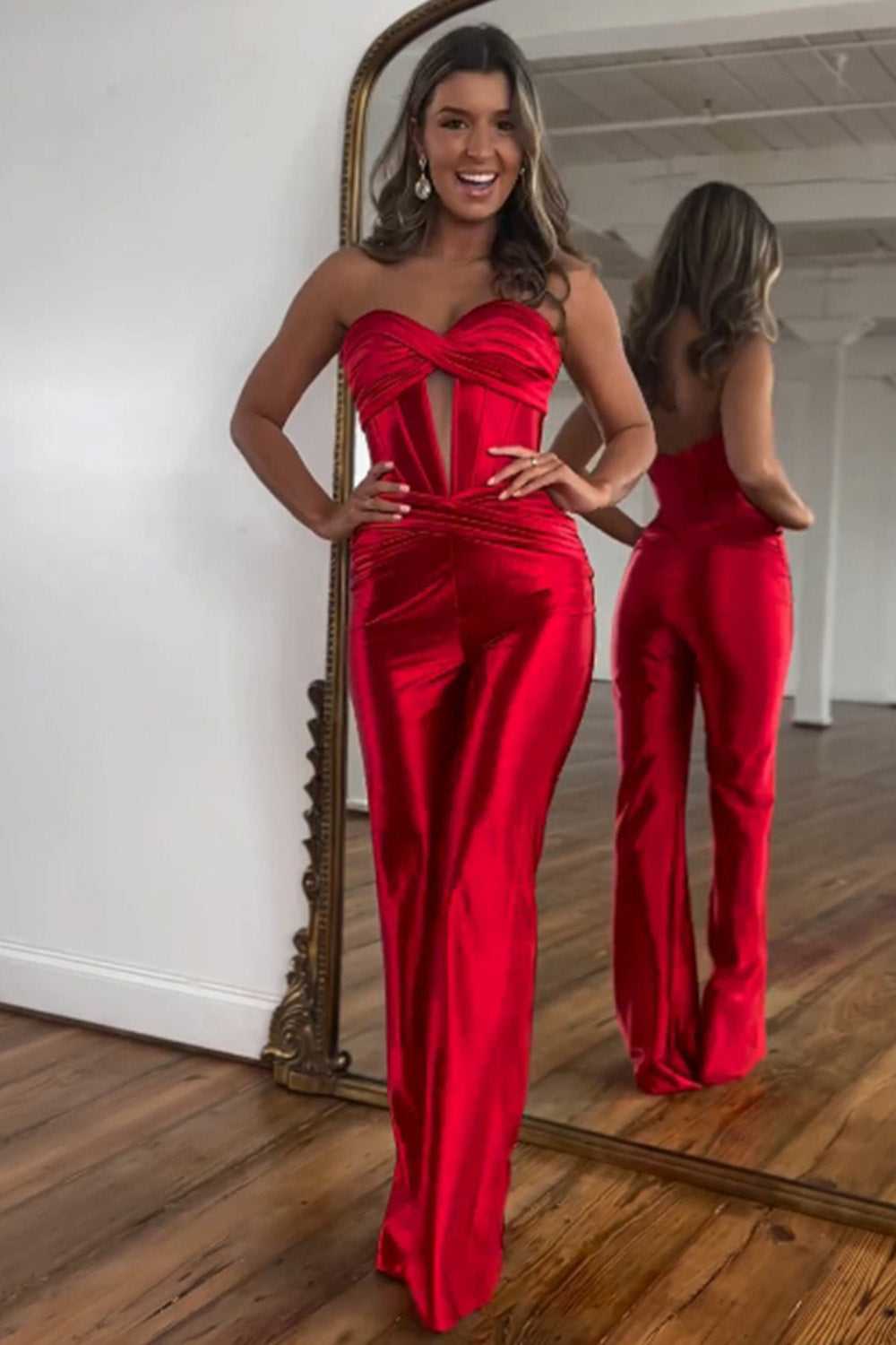 Luuvis Stylish Red Sweetheart Zipper Back Long Satin Prom Jumpsuit