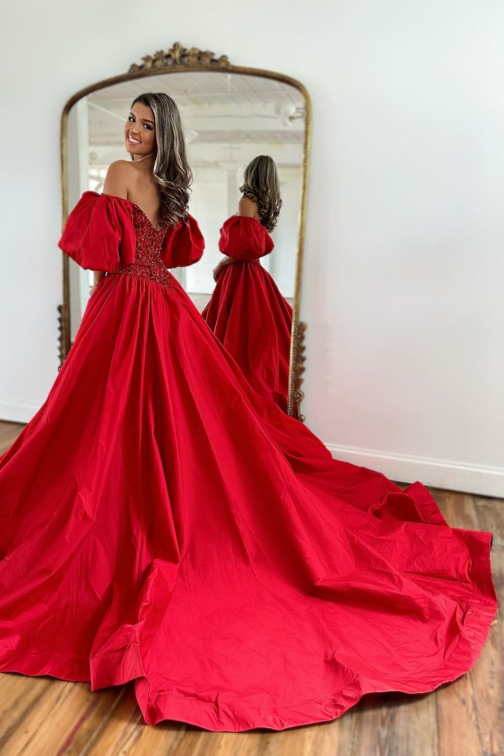Luuvis Red A Line Off The Shoulder Court Train Satin Prom Dress With Split