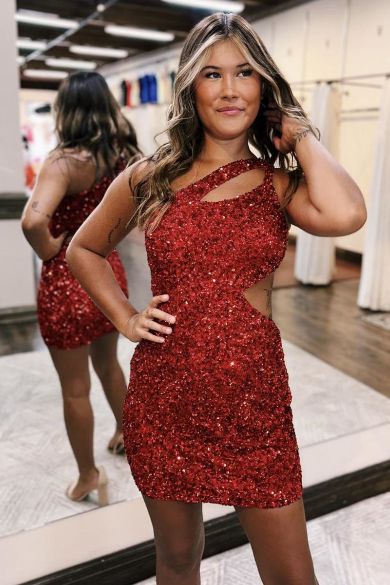 Luuvis Woman Red Sequin One Shoulder Cutout Waist Short Tight ...