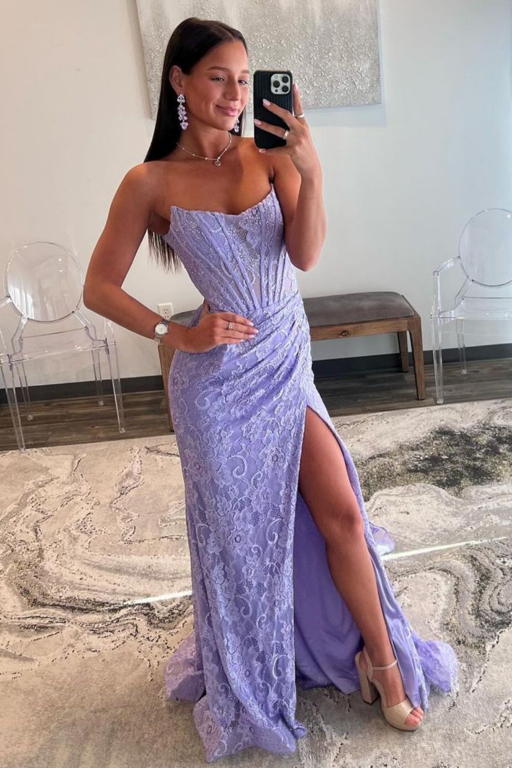 Luuvis Woman Gorgeous Mermaid Strapless Sweep Train Lace Prom Dress