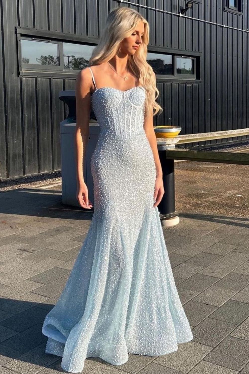 Luuvis Shiny Light Blue Mermaid Spaghetti Straps Long Beaded Prom Dress