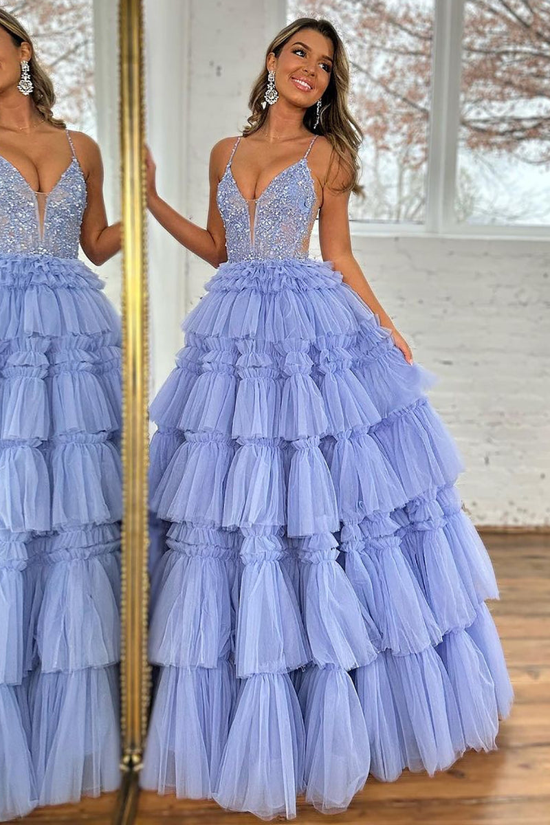 Luuvis Lavender A Line Spaghetti Straps Lace Up Long Ruffle Tulle Prom ...