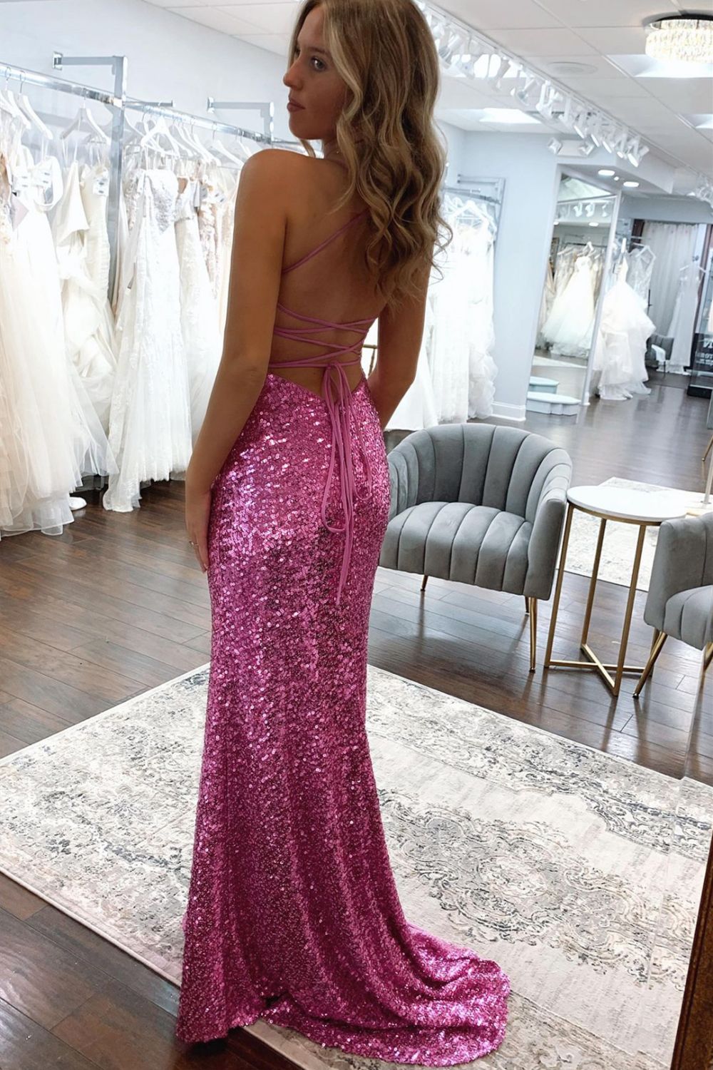 Luuvis Sparkly Sequin Mermaid Spaghetti Straps Long Prom Dress With Split