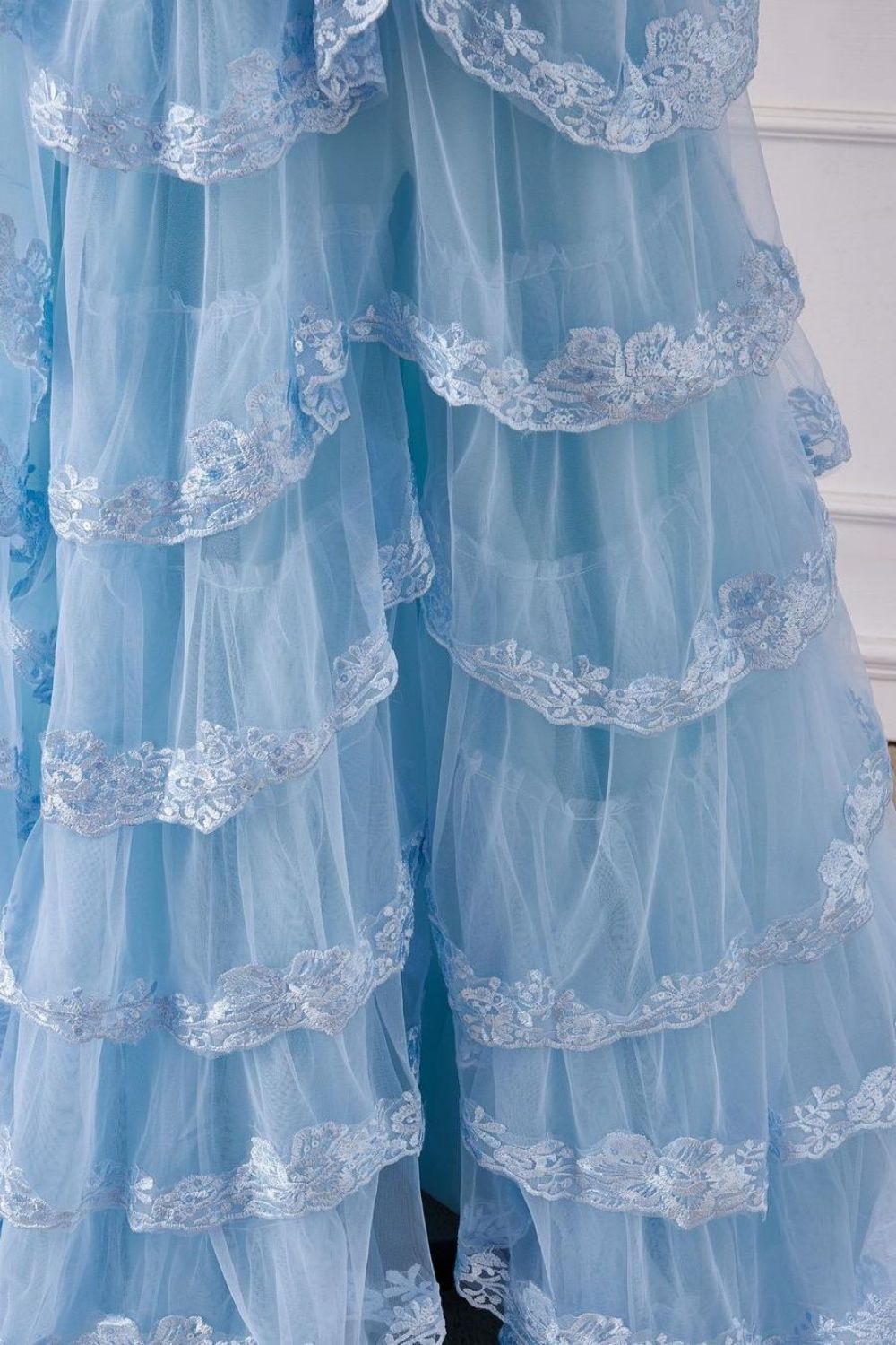 Luuvis Stunning Light Blue Spaghetti Straps A-Line Long Tiered Prom Dress With Appliques