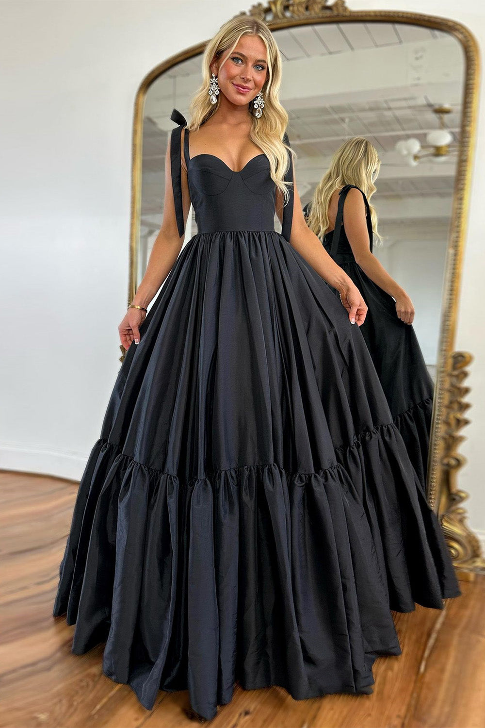 Luuvis Women Cute Black A-Line Satin Tie Straps Long Prom Dress