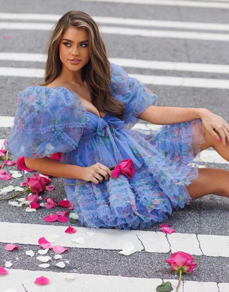 Luuvis Women Charming A-Line Puff Sleeves Short Tulle Homecoming Dress ...