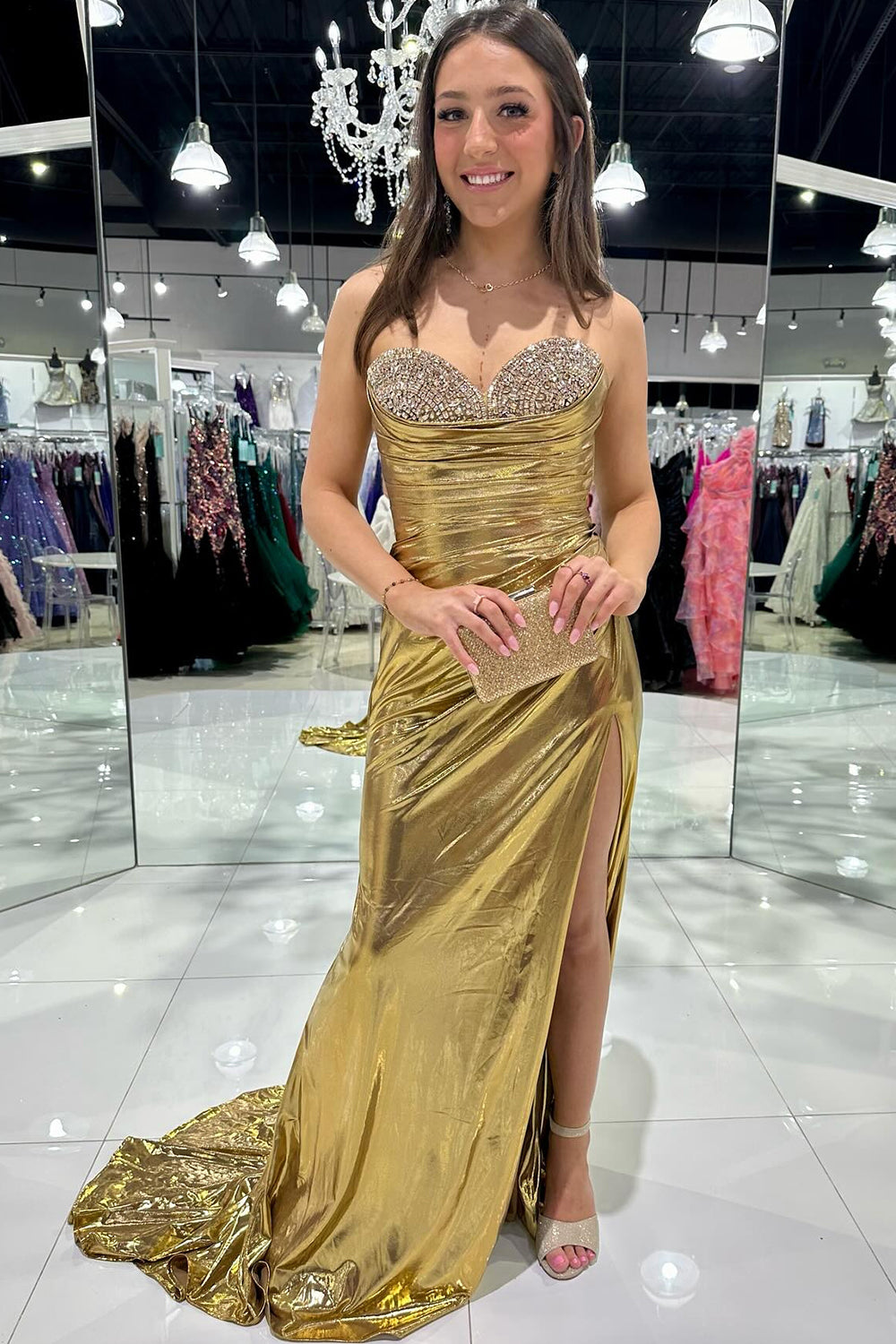Luuvis Women Silver Mermaid Sweetheart Long Metallic Prom Dress with ...
