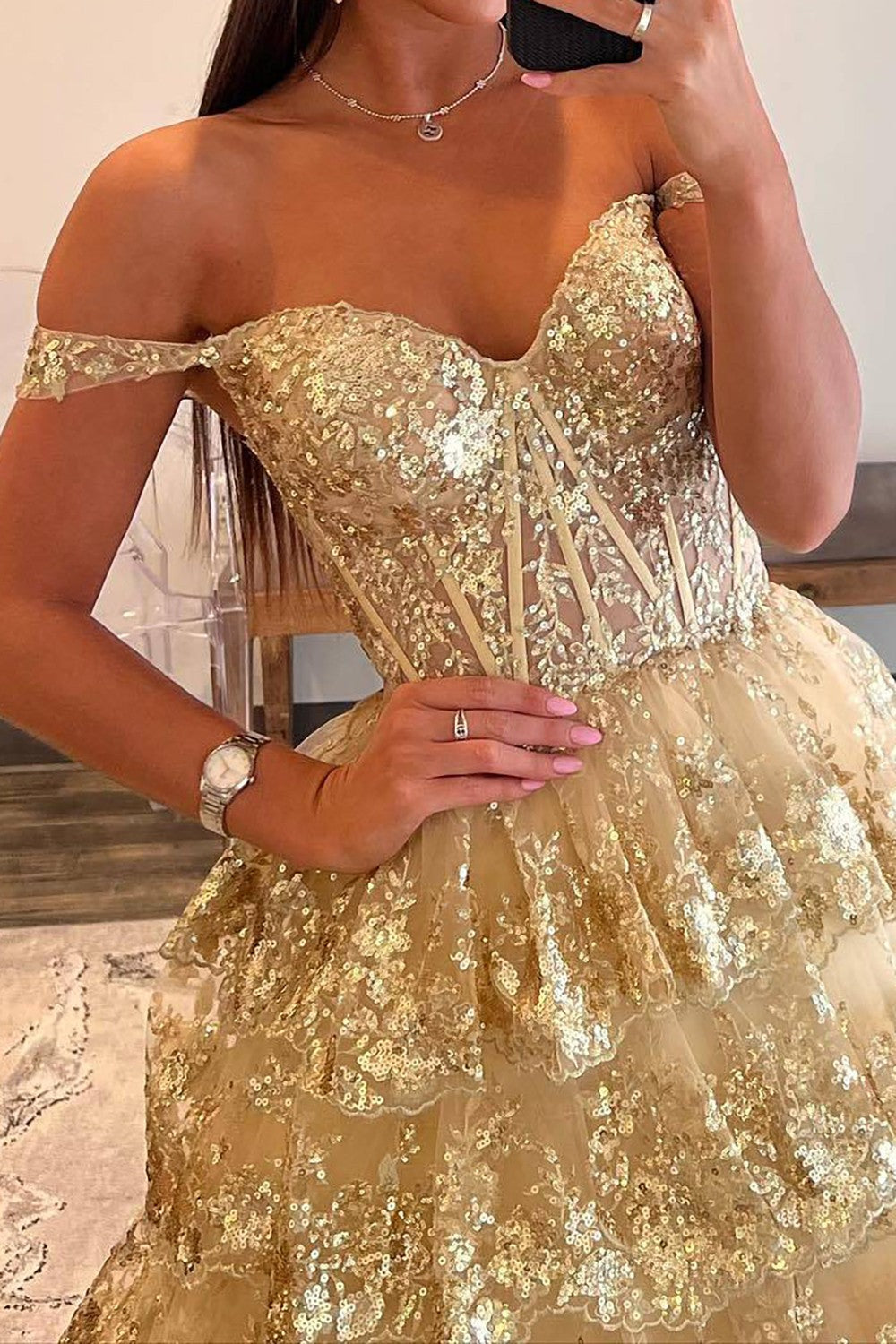 Luuvis Gorgeous Gold A-Line Off The Shoulder Lace Up Long Prom Dress ...