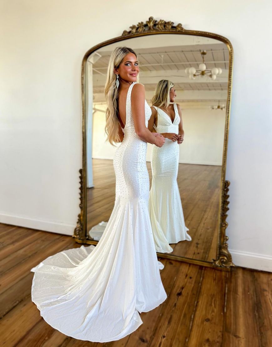 Luuvis Women Gorgeous Mermaid Deep V-Neck Court Train Prom Party Dress ...