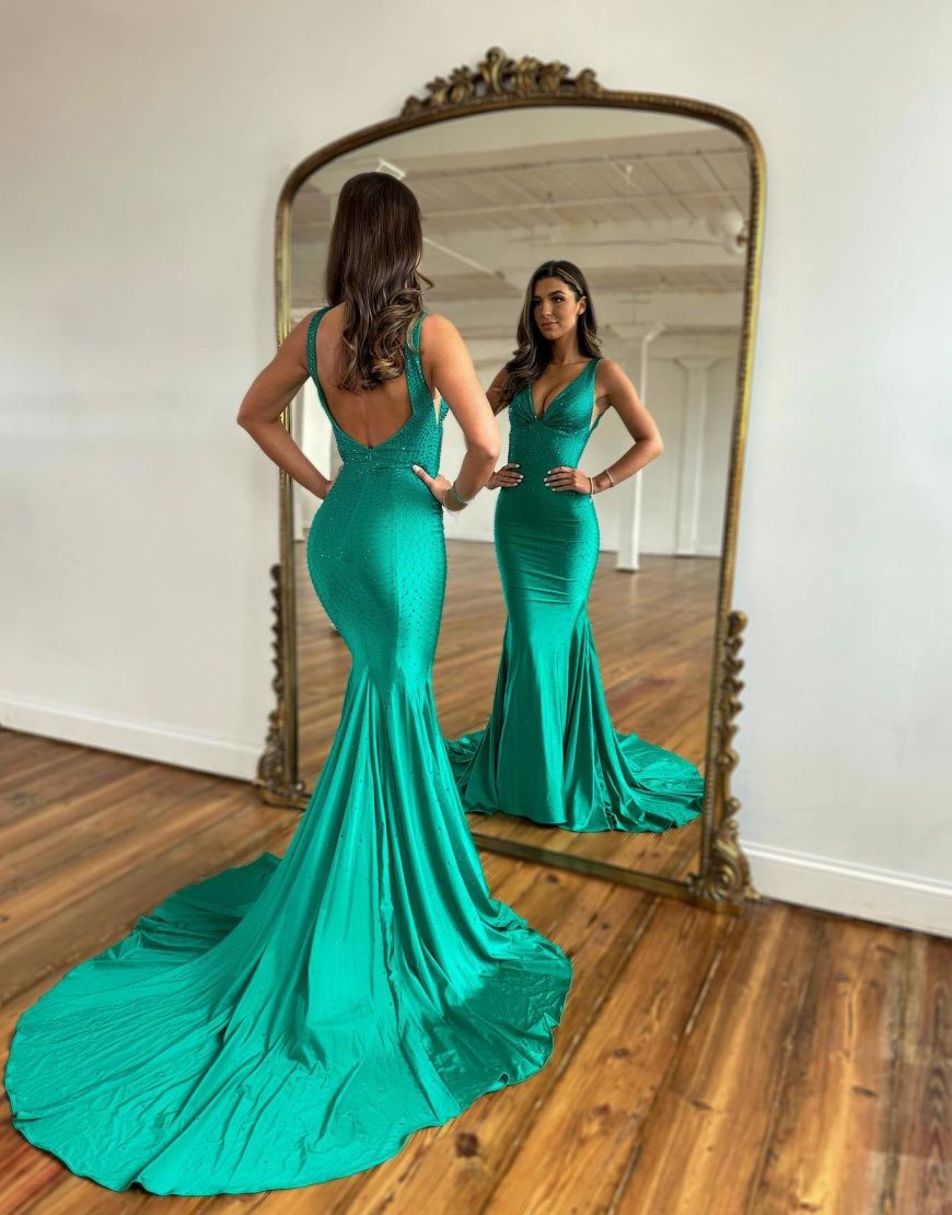 Luuvis Women Gorgeous Mermaid Deep V-Neck Court Train Prom Party Dress ...