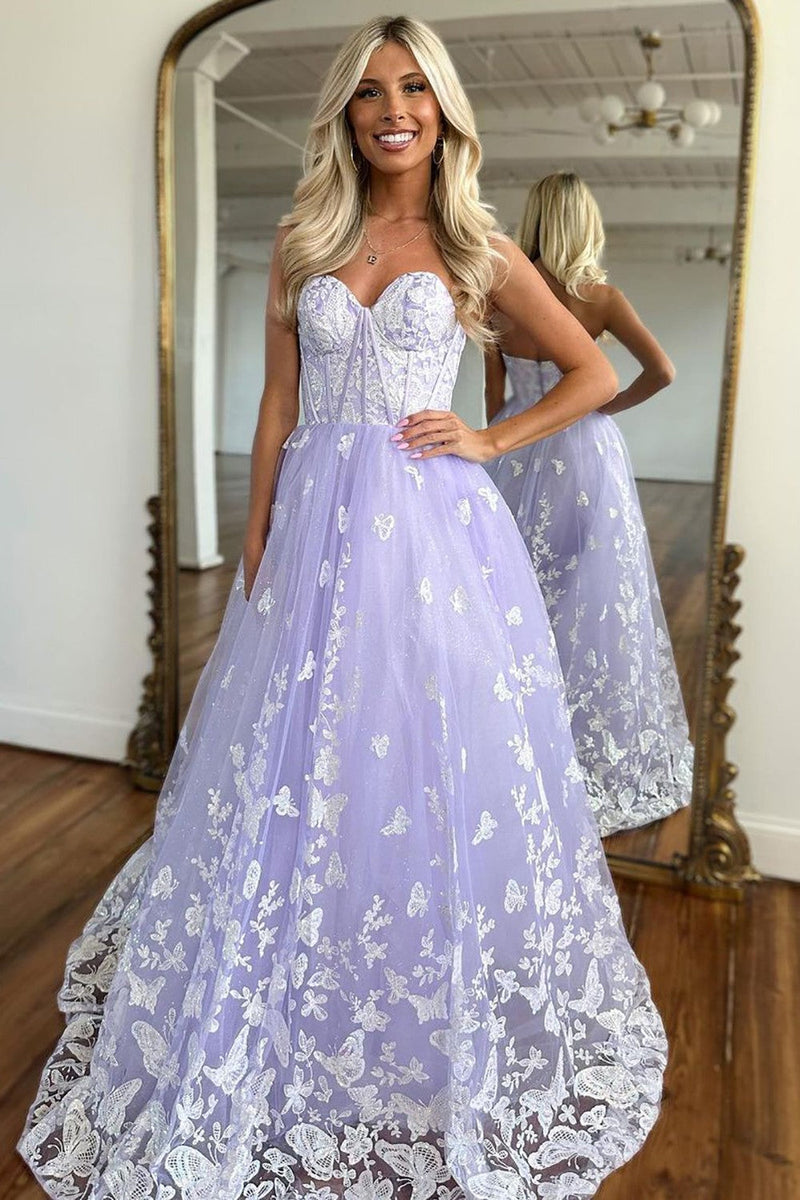 Luuvis Women Lilac A-Line Sweetheart Zipper Back Long Tulle Prom Dress ...