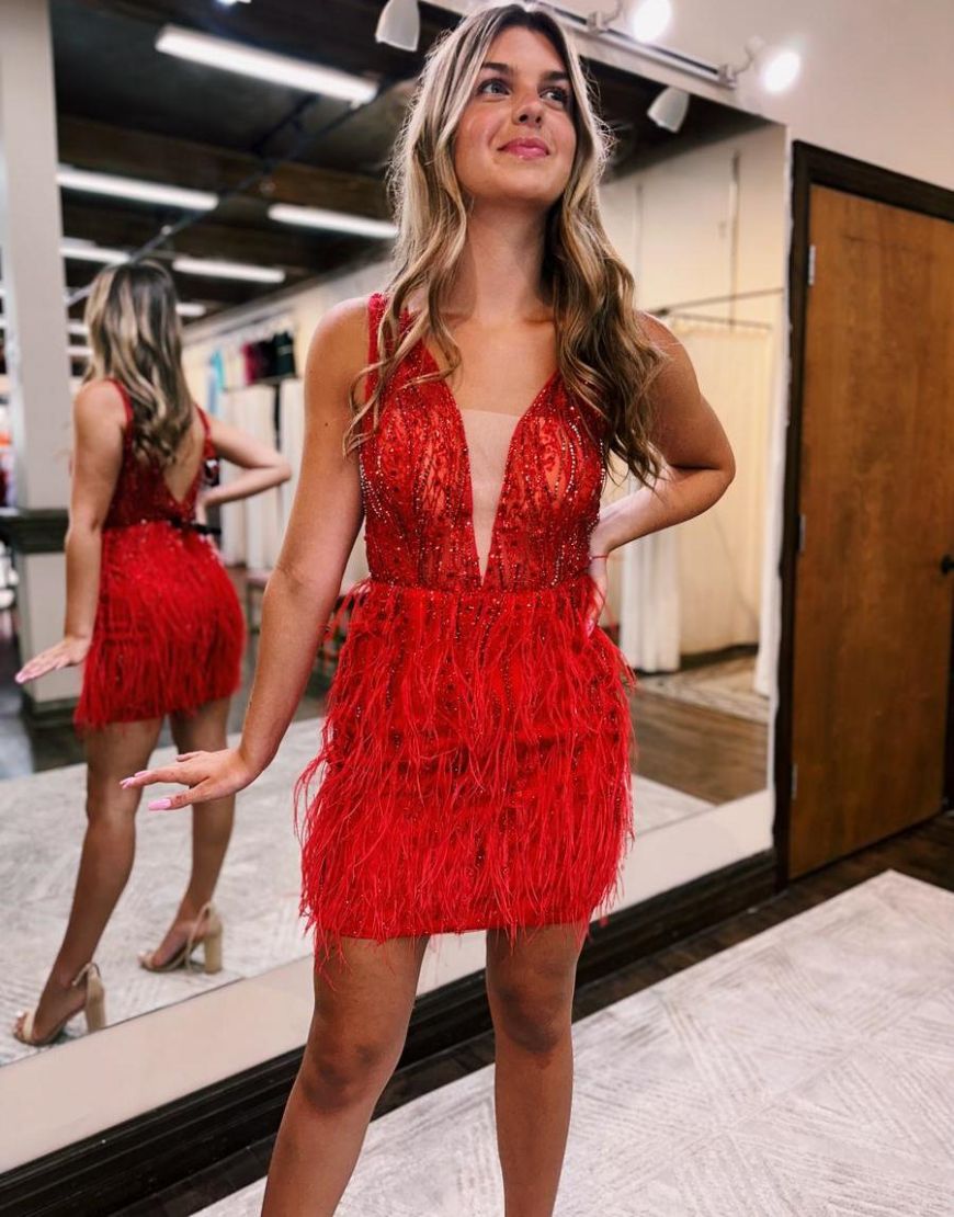 Luuvis Sparkly Red Deep V-Neck Beaded Tight Homecoming Dress With ...